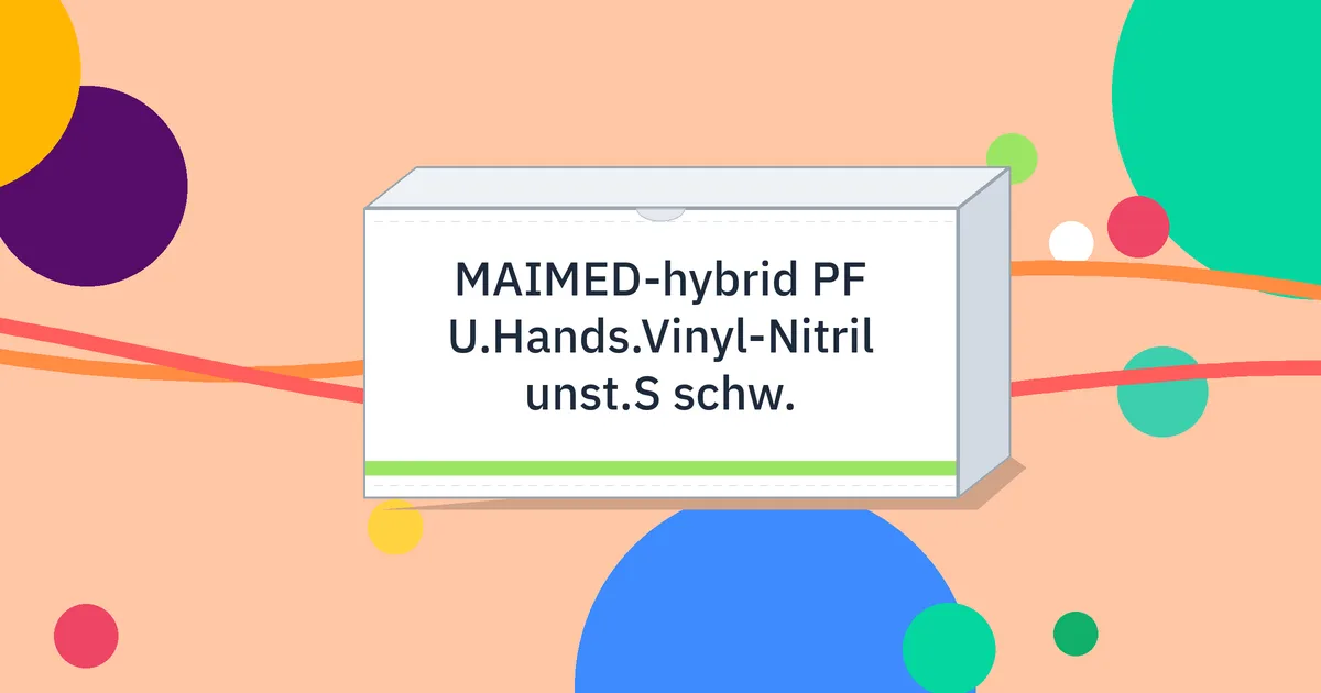 Symbolbild: Packung mit der Aufschrift MAIMED-hybrid PF U.Hands.Vinyl-Nitril unst.S schw. (PZN 17955631) – Verfügbarkeit und Bezug in Apotheken in Frankfurt am Main