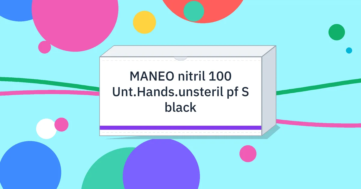 Symbolbild: Packung mit der Aufschrift MANEO nitril 100 Unt.Hands.unsteril pf S black (PZN 19689961) – Verfügbarkeit und Bezug in Apotheken in Frankfurt am Main
