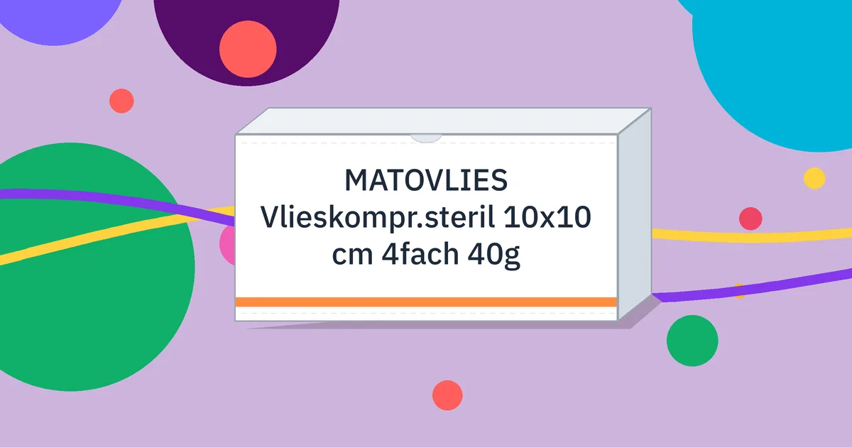Symbolbild: Packung mit der Aufschrift MATOVLIES Vlieskompr.steril 10x10 cm 4fach 40g (PZN 00593193) – Verfügbarkeit und Bezug in Apotheken in Frankfurt am Main