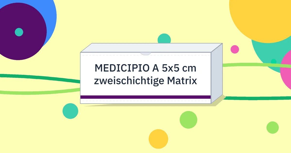 Symbolbild: Packung mit der Aufschrift MEDICIPIO A 5x5 cm zweischichtige Matrix (PZN 14174873) – Verfügbarkeit und Bezug in Apotheken in Frankfurt am Main