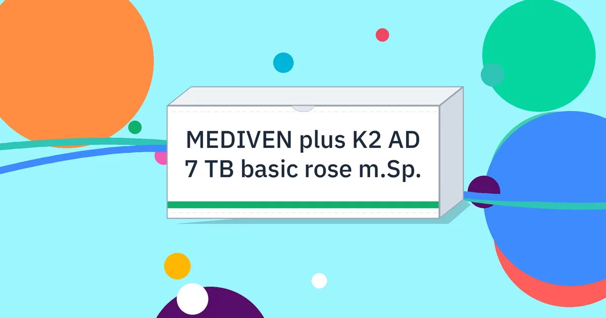 Symbolbild: Packung mit der Aufschrift MEDIVEN plus K2 AD 7 TB basic rose m.Sp. (PZN 15094484) – Verfügbarkeit und Bezug in Apotheken in Frankfurt am Main