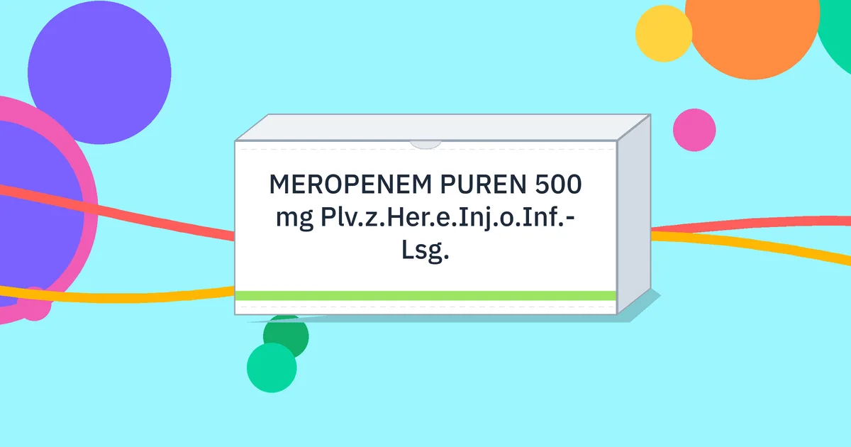 Symbolbild: Packung mit der Aufschrift MEROPENEM PUREN 500 mg Plv.z.Her.e.Inj.o.Inf.-Lsg. (PZN 07414851) – Verfügbarkeit und Bezug in Apotheken in Frankfurt am Main
