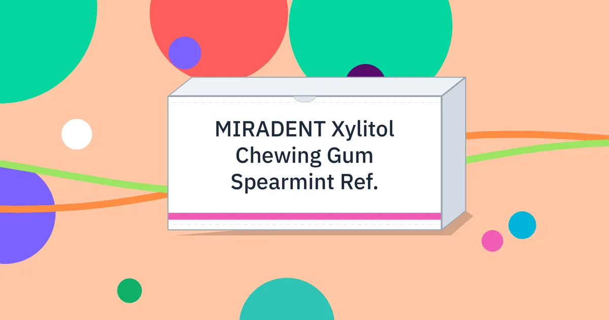 Symbolbild: Packung mit der Aufschrift MIRADENT Xylitol Chewing Gum Spearmint Ref. (PZN 14381885) – Verfügbarkeit und Bezug in Apotheken in Frankfurt am Main
