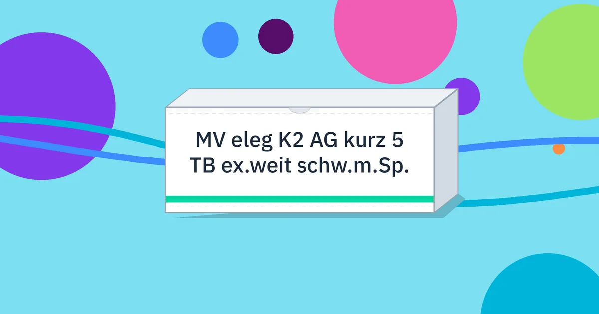 Symbolbild: Packung mit der Aufschrift MV eleg K2 AG kurz 5 TB ex.weit schw.m.Sp. (PZN 09880853) – Verfügbarkeit und Bezug in Apotheken in Frankfurt am Main