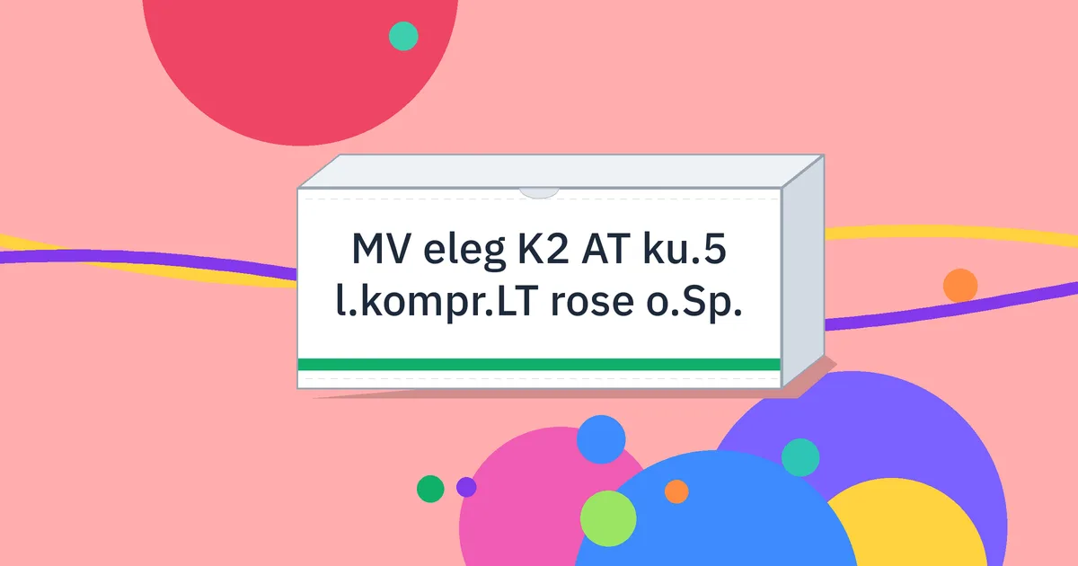 Symbolbild: Packung mit der Aufschrift MV eleg K2 AT ku.5 l.kompr.LT rose o.Sp. (PZN 14691491) – Verfügbarkeit und Bezug in Apotheken in Frankfurt am Main