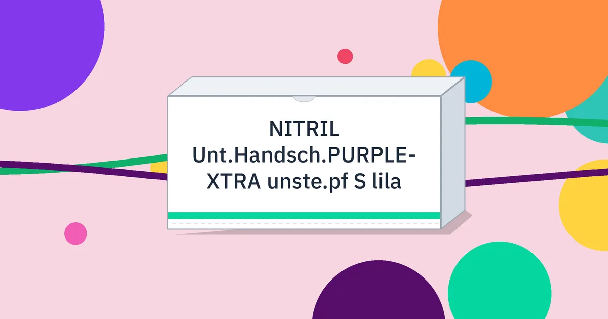 Symbolbild: Packung mit der Aufschrift NITRIL Unt.Handsch.PURPLE-XTRA unste.pf S lila (PZN 12573037) – Verfügbarkeit und Bezug in Apotheken in Frankfurt am Main