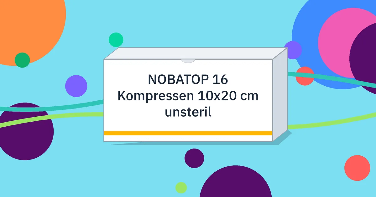 Symbolbild: Packung mit der Aufschrift NOBATOP 16 Kompressen 10x20 cm unsteril (PZN 07099467) – Verfügbarkeit und Bezug in Apotheken in Frankfurt am Main