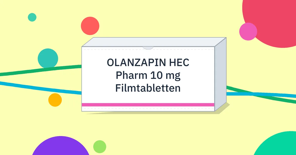 Symbolbild: Packung mit der Aufschrift OLANZAPIN HEC Pharm 10 mg Filmtabletten (PZN 11882807) – Verfügbarkeit und Bezug in Apotheken in Frankfurt am Main
