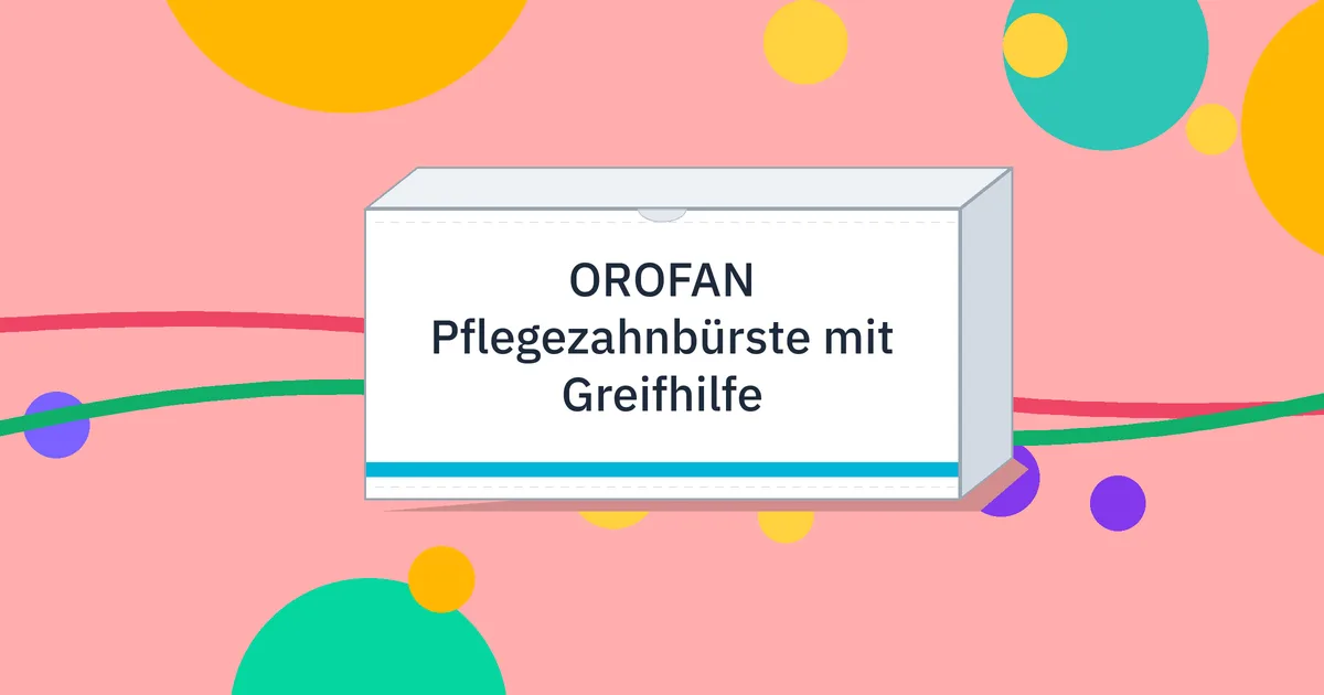 Symbolbild: Packung mit der Aufschrift OROFAN Pflegezahnbürste mit Greifhilfe (PZN 18771092) – Verfügbarkeit und Bezug in Apotheken in Frankfurt am Main