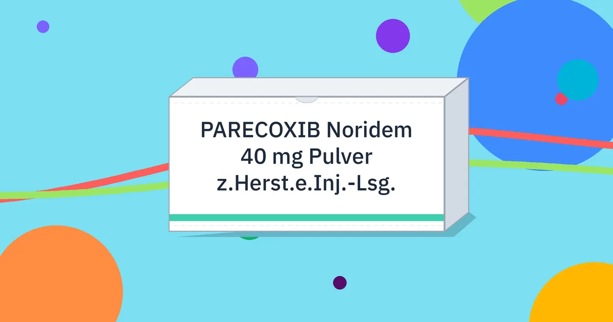 Symbolbild: Packung mit der Aufschrift PARECOXIB Noridem 40 mg Pulver z.Herst.e.Inj.-Lsg. (PZN 19483685) – Verfügbarkeit und Bezug in Apotheken in Frankfurt am Main