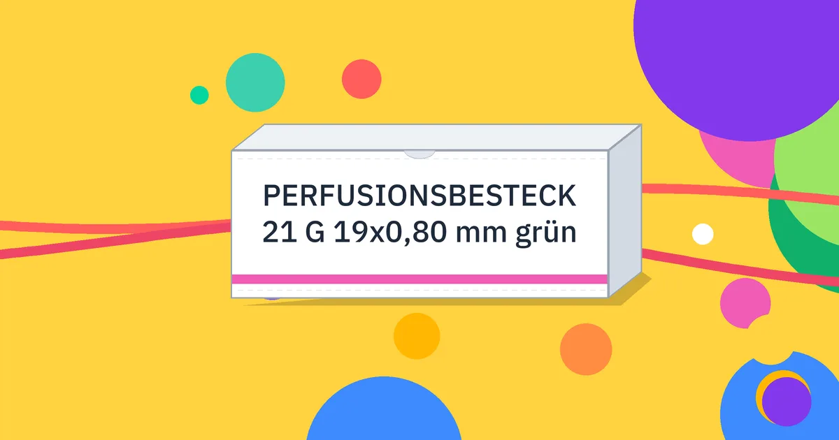 Symbolbild: Packung mit der Aufschrift PERFUSIONSBESTECK 21 G 19x0,80 mm grün (PZN 13846508) – Verfügbarkeit und Bezug in Apotheken in Frankfurt am Main