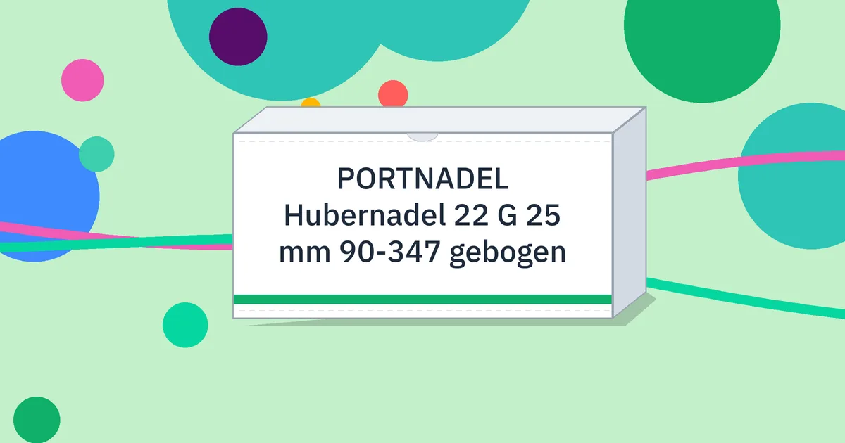 Symbolbild: Packung mit der Aufschrift PORTNADEL Hubernadel 22 G 25 mm 90-347 gebogen (PZN 02756966) – Verfügbarkeit und Bezug in Apotheken in Frankfurt am Main