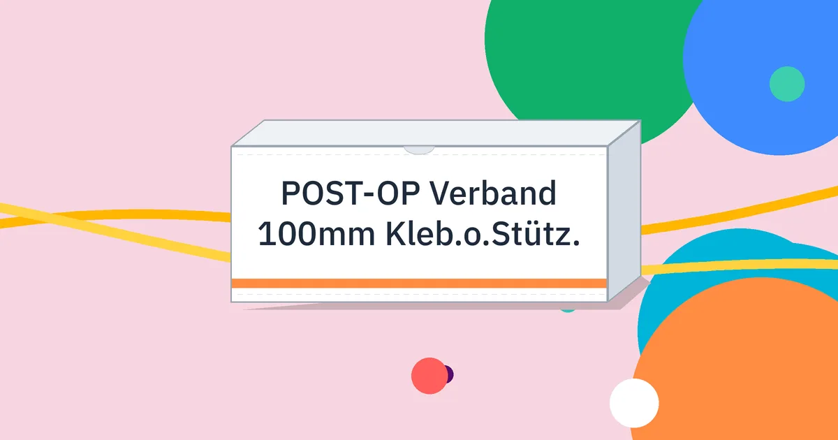 Symbolbild: Packung mit der Aufschrift POST-OP Verband 100mm Kleb.o.Stütz. (PZN 03909840) – Verfügbarkeit und Bezug in Apotheken in Frankfurt am Main
