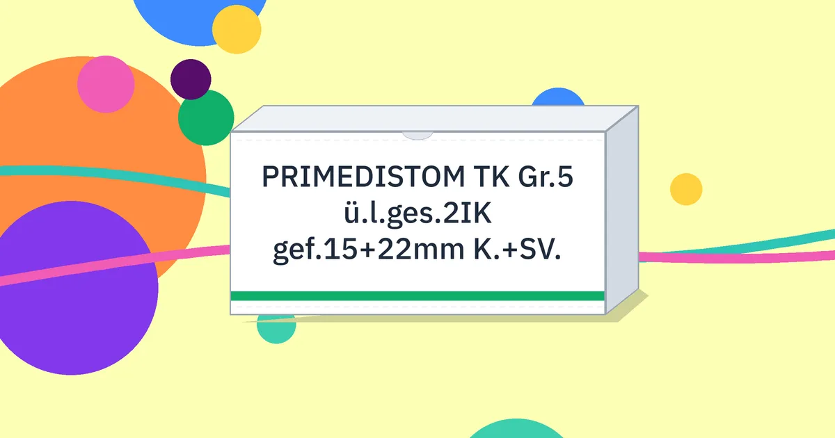 Symbolbild: Packung mit der Aufschrift PRIMEDISTOM TK Gr.5 ü.l.ges.2IK gef.15+22mm K.+SV. (PZN 10928430) – Verfügbarkeit und Bezug in Apotheken in Frankfurt am Main