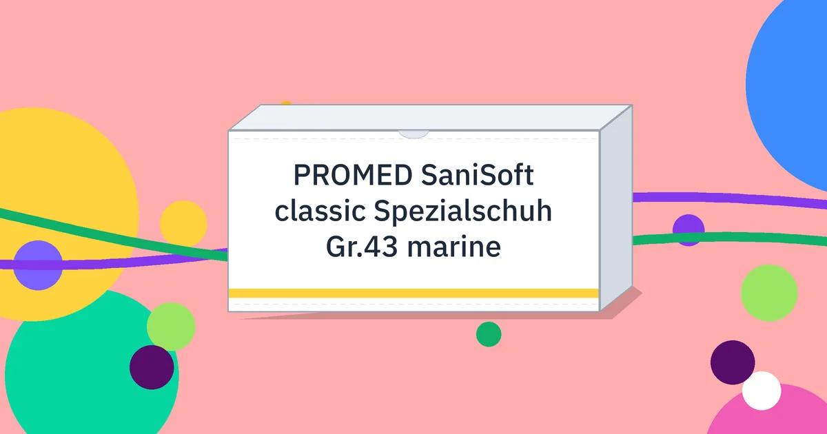 Symbolbild: Packung mit der Aufschrift PROMED SaniSoft classic Spezialschuh Gr.43 marine (PZN 19274243) – Verfügbarkeit und Bezug in Apotheken in Frankfurt am Main