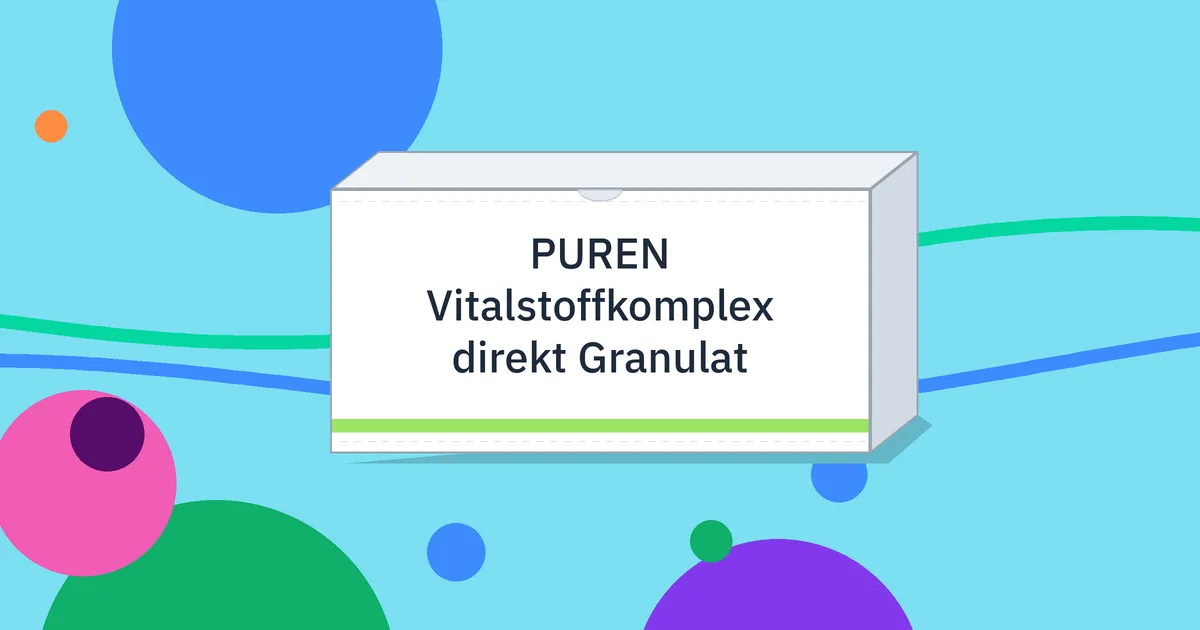 Symbolbild: Packung mit der Aufschrift PUREN Vitalstoffkomplex direkt Granulat (PZN 11353405) – Verfügbarkeit und Bezug in Apotheken in Frankfurt am Main