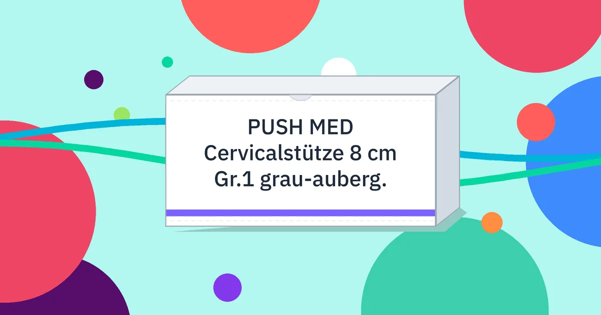 Symbolbild: Packung mit der Aufschrift PUSH MED Cervicalstütze 8 cm Gr.1 grau-auberg. (PZN 04859475) – Verfügbarkeit und Bezug in Apotheken in Frankfurt am Main