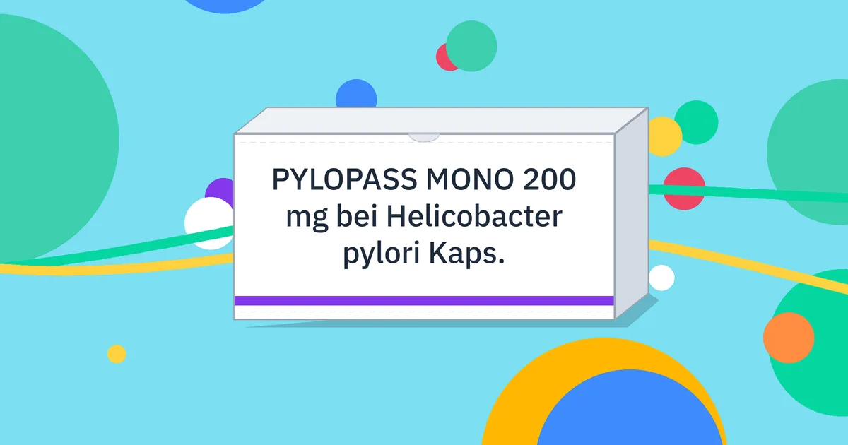 Symbolbild: Packung mit der Aufschrift PYLOPASS MONO 200 mg bei Helicobacter pylori Kaps. (PZN 13426930) – Verfügbarkeit und Bezug in Apotheken in Frankfurt am Main