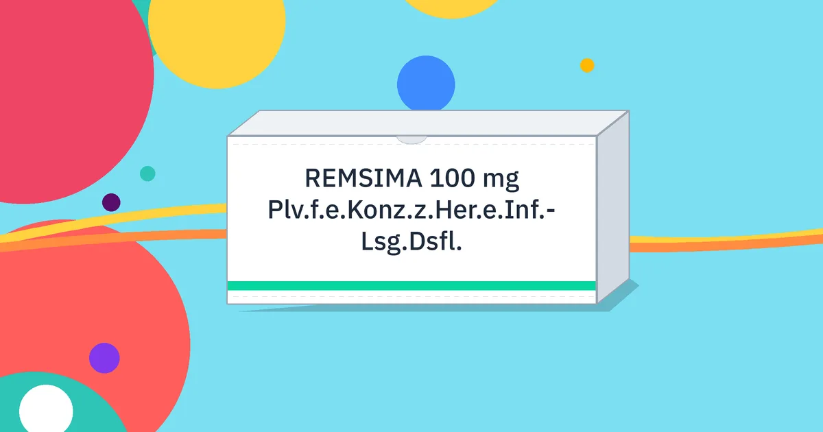Symbolbild: Packung mit der Aufschrift REMSIMA 100 mg Plv.f.e.Konz.z.Her.e.Inf.-Lsg.Dsfl. (PZN 18062616) – Verfügbarkeit und Bezug in Apotheken in Frankfurt am Main