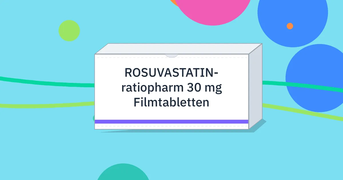 Symbolbild: Packung mit der Aufschrift ROSUVASTATIN-ratiopharm 30 mg Filmtabletten (PZN 18652217) – Verfügbarkeit und Bezug in Apotheken in Frankfurt am Main