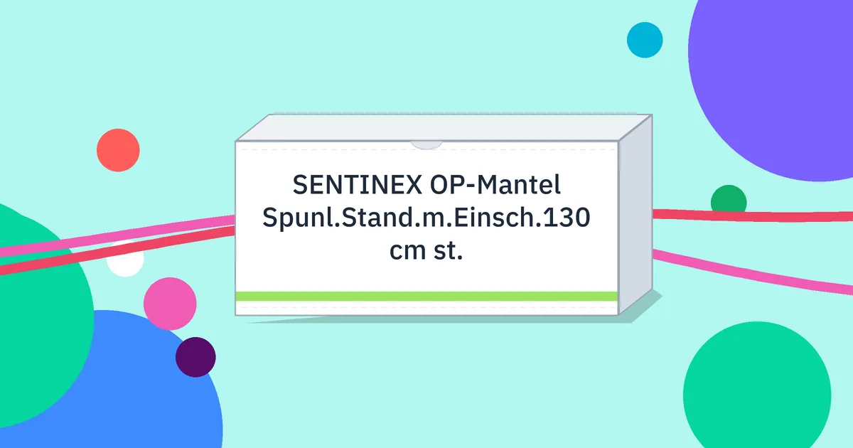 Symbolbild: Packung mit der Aufschrift SENTINEX OP-Mantel Spunl.Stand.m.Einsch.130 cm st. (PZN 03162298) – Verfügbarkeit und Bezug in Apotheken in Frankfurt am Main