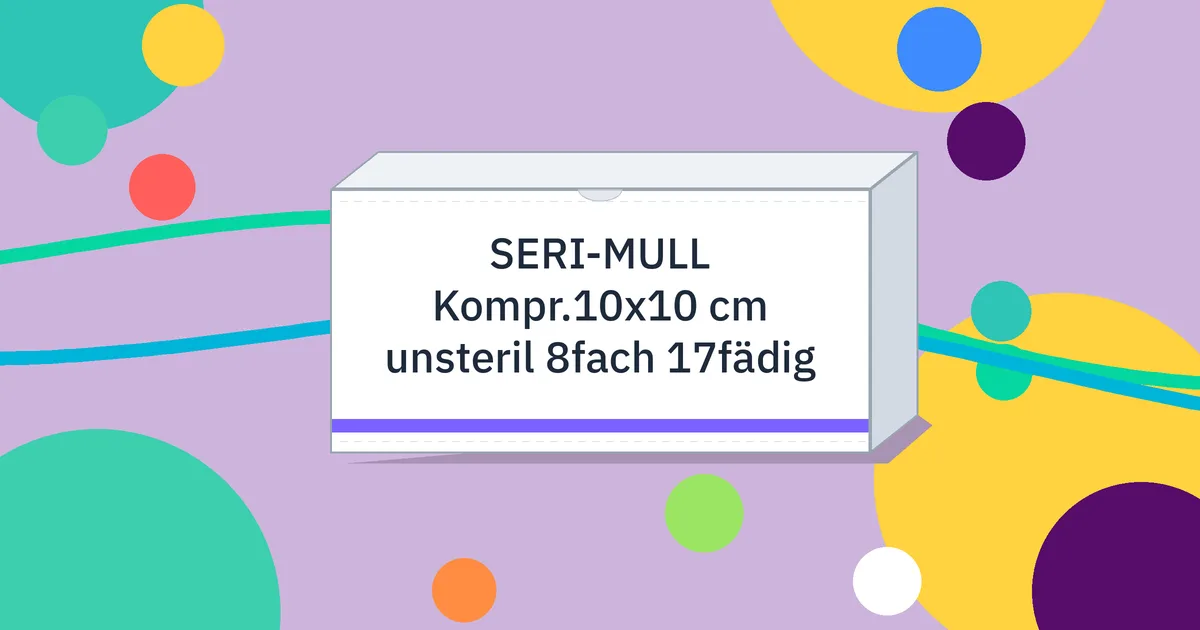 Symbolbild: Packung mit der Aufschrift SERI-MULL Kompr.10x10 cm unsteril 8fach 17fädig (PZN 14381804) – Verfügbarkeit und Bezug in Apotheken in Frankfurt am Main
