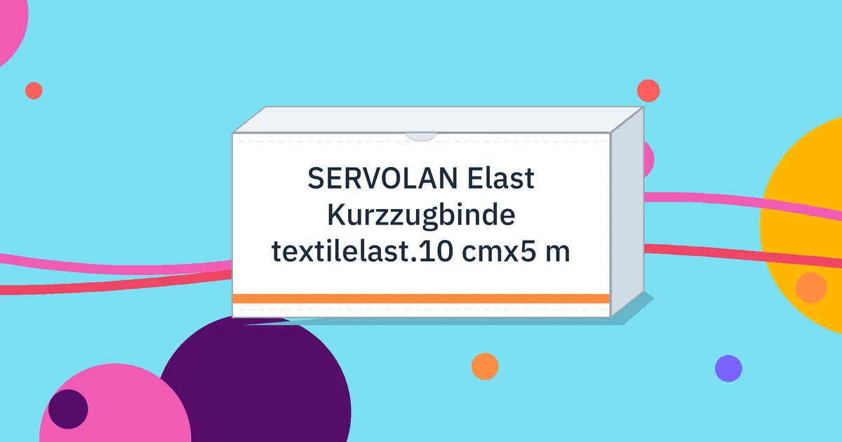 Symbolbild: Packung mit der Aufschrift SERVOLAN Elast Kurzzugbinde textilelast.10 cmx5 m (PZN 16734833) – Verfügbarkeit und Bezug in Apotheken in Frankfurt am Main