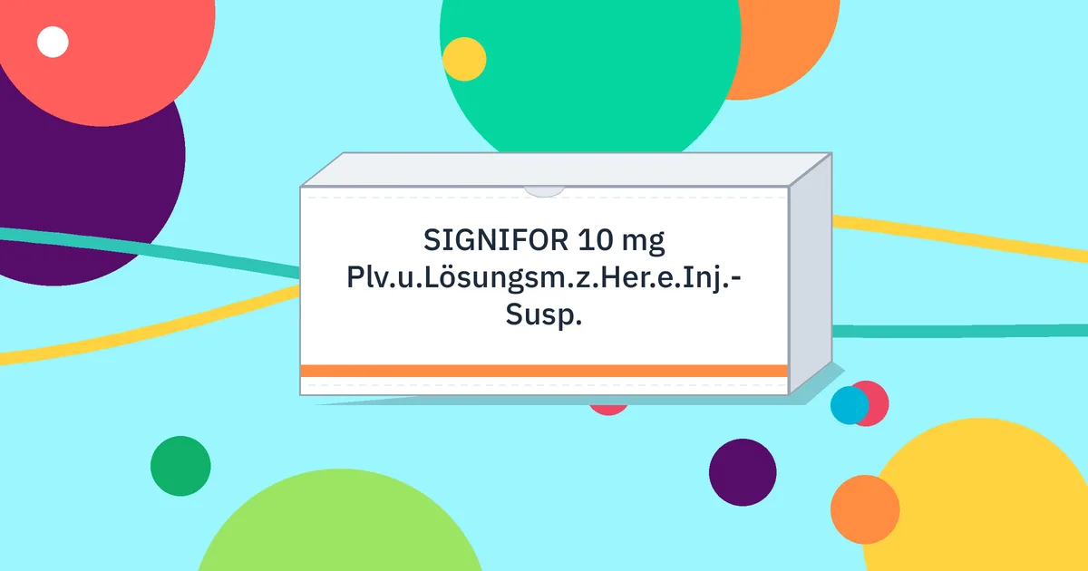 Symbolbild: Packung mit der Aufschrift SIGNIFOR 10 mg Plv.u.Lösungsm.z.Her.e.Inj.-Susp. (PZN 12675849) – Verfügbarkeit und Bezug in Apotheken in Frankfurt am Main