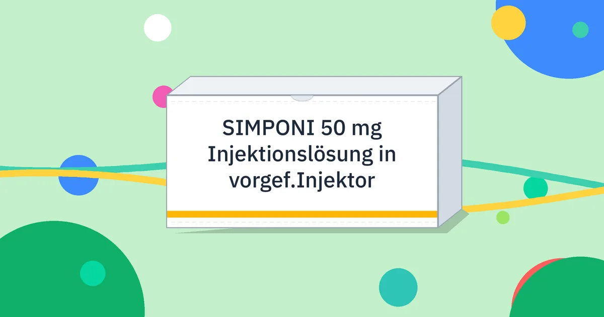 Symbolbild: Packung mit der Aufschrift SIMPONI 50 mg Injektionslösung in vorgef.Injektor (PZN 14418252) – Verfügbarkeit und Bezug in Apotheken in Frankfurt am Main