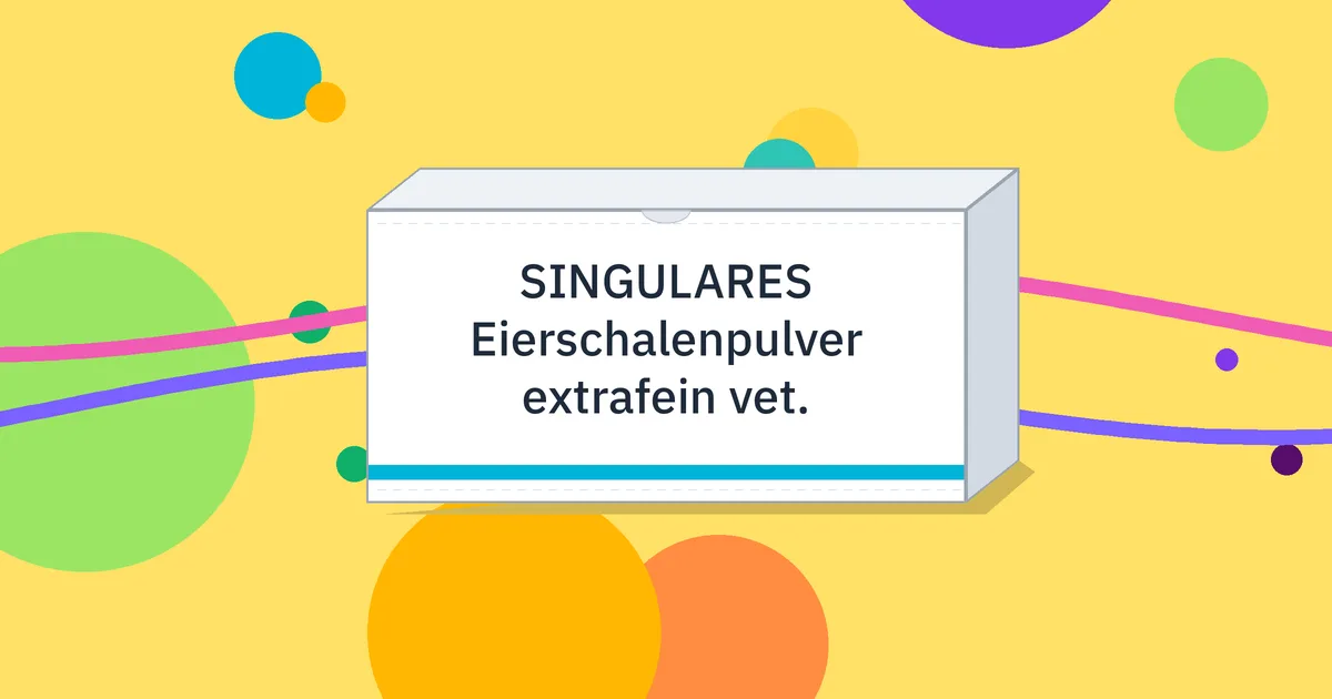 Symbolbild: Packung mit der Aufschrift SINGULARES Eierschalenpulver extrafein vet. (PZN 10966353) – Verfügbarkeit und Bezug in Apotheken in Frankfurt am Main