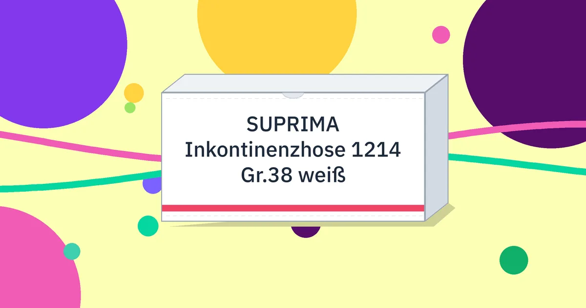Symbolbild: Packung mit der Aufschrift SUPRIMA Inkontinenzhose 1214 Gr.38 weiß (PZN 02852492) – Verfügbarkeit und Bezug in Apotheken in Frankfurt am Main