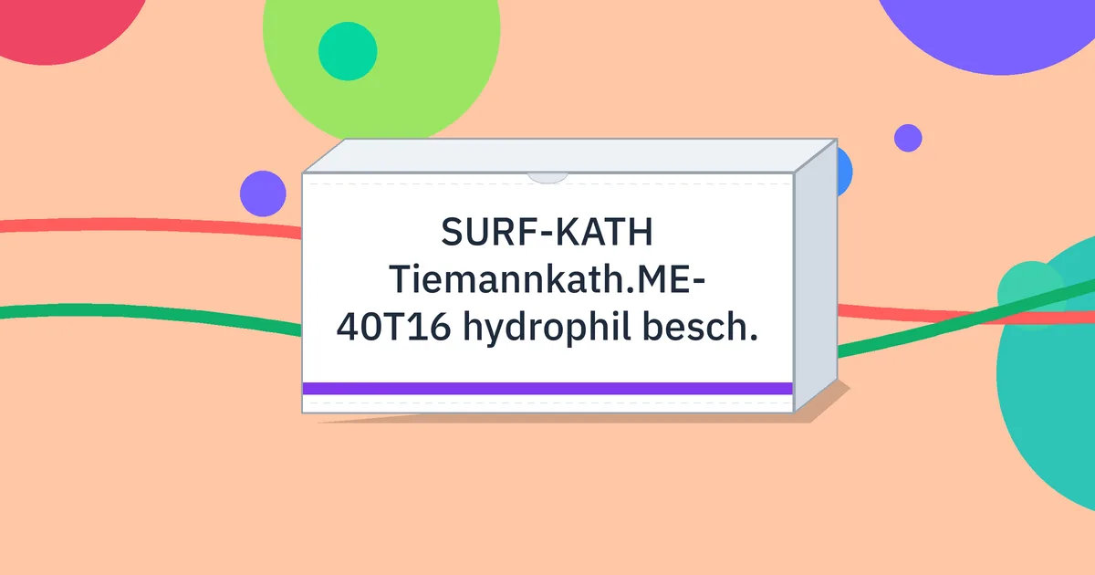 Symbolbild: Packung mit der Aufschrift SURF-KATH Tiemannkath.ME-40T16 hydrophil besch. (PZN 05737076) – Verfügbarkeit und Bezug in Apotheken in Frankfurt am Main