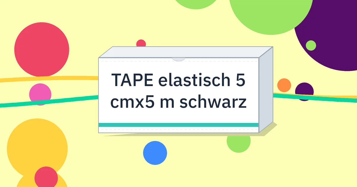 Symbolbild: Packung mit der Aufschrift TAPE elastisch 5 cmx5 m schwarz (PZN 09303736) – Verfügbarkeit und Bezug in Apotheken in Frankfurt am Main