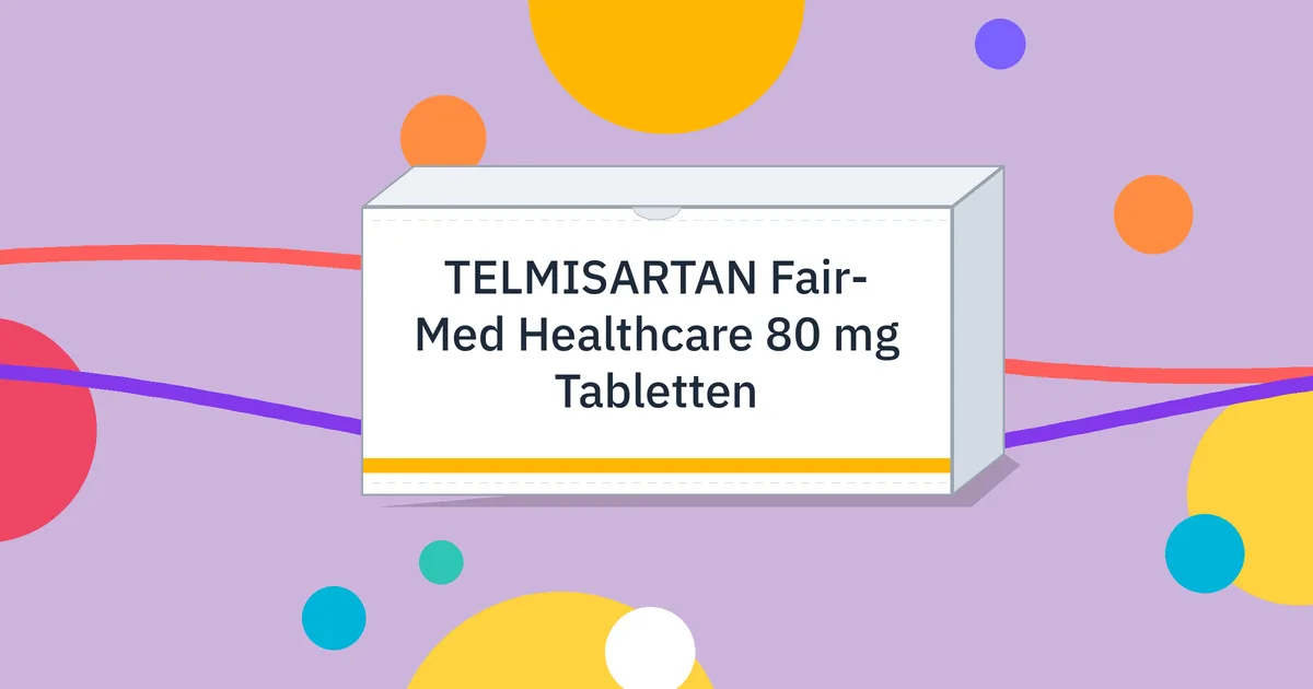 Symbolbild: Packung mit der Aufschrift TELMISARTAN Fair-Med Healthcare 80 mg Tabletten (PZN 13246004) – Verfügbarkeit und Bezug in Apotheken in Frankfurt am Main