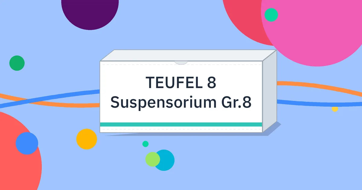 Symbolbild: Packung mit der Aufschrift TEUFEL 8 Suspensorium Gr.8 (PZN 02299380) – Verfügbarkeit und Bezug in Apotheken in Frankfurt am Main