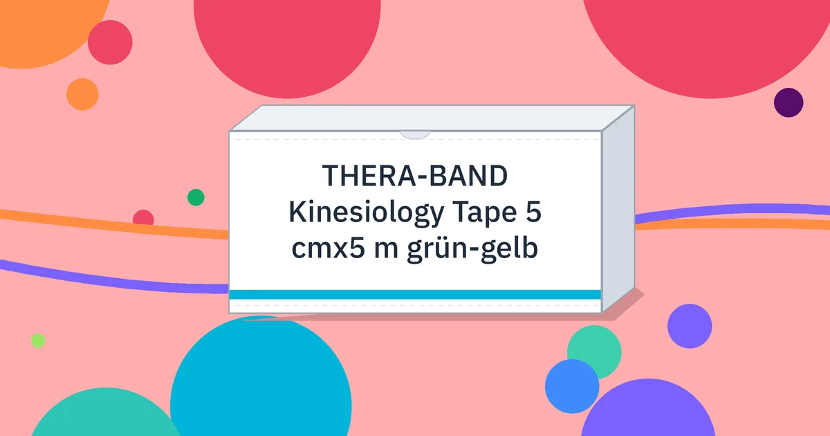 Symbolbild: Packung mit der Aufschrift THERA-BAND Kinesiology Tape 5 cmx5 m grün-gelb (PZN 15614771) – Verfügbarkeit und Bezug in Apotheken in Frankfurt am Main