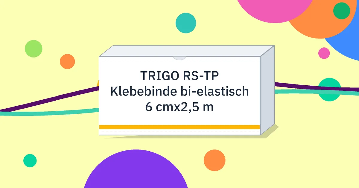 Symbolbild: Packung mit der Aufschrift TRIGO RS-TP Klebebinde bi-elastisch 6 cmx2,5 m (PZN 20342949) – Verfügbarkeit und Bezug in Apotheken in Frankfurt am Main