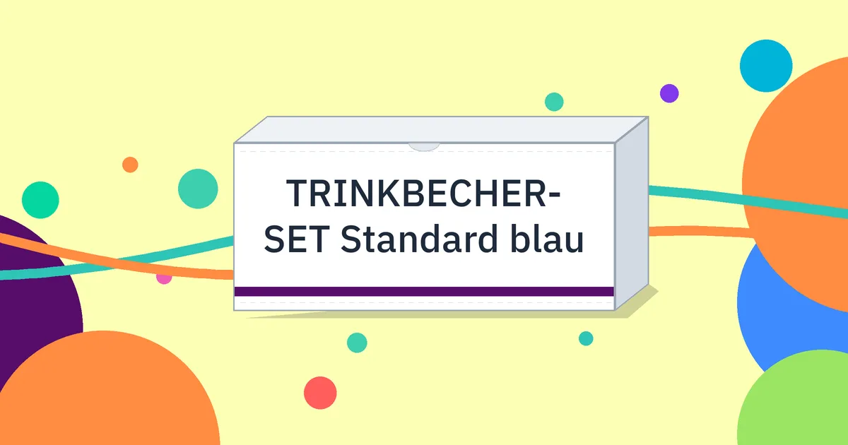 Symbolbild: Packung mit der Aufschrift TRINKBECHER-SET Standard blau (PZN 00746596) – Verfügbarkeit und Bezug in Apotheken in Frankfurt am Main