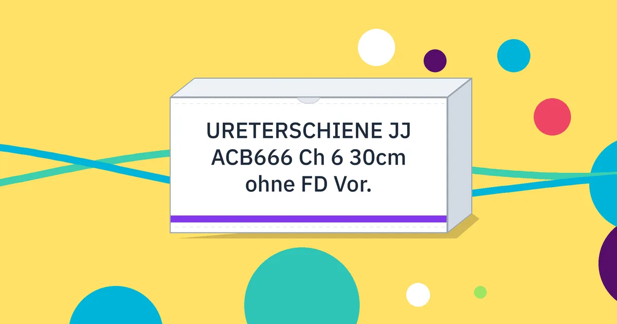 Symbolbild: Packung mit der Aufschrift URETERSCHIENE JJ ACB666 Ch 6 30cm ohne FD Vor. (PZN 00493876) – Verfügbarkeit und Bezug in Apotheken in Frankfurt am Main
