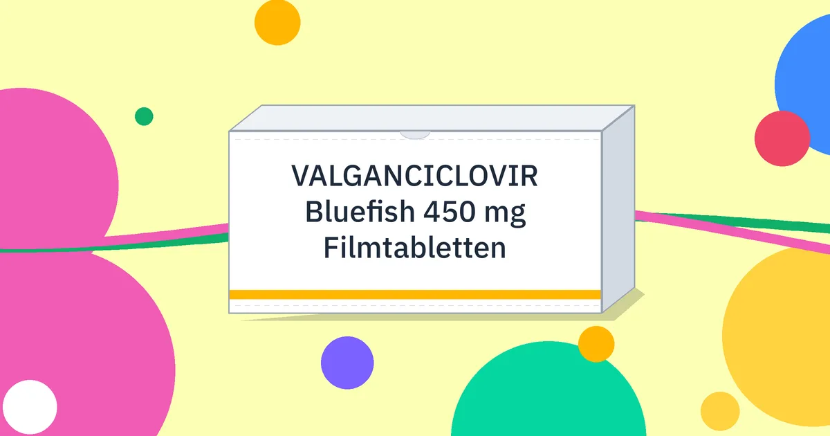 Symbolbild: Packung mit der Aufschrift VALGANCICLOVIR Bluefish 450 mg Filmtabletten (PZN 19127358) – Verfügbarkeit und Bezug in Apotheken in Frankfurt am Main