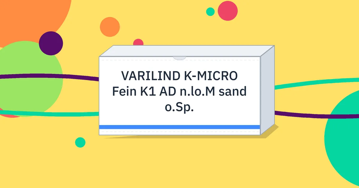 Symbolbild: Packung mit der Aufschrift VARILIND K-MICRO Fein K1 AD n.lo.M sand o.Sp. (PZN 20557207) – Verfügbarkeit und Bezug in Apotheken in Frankfurt am Main