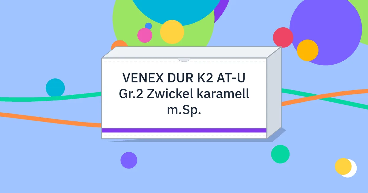 Symbolbild: Packung mit der Aufschrift VENEX DUR K2 AT-U Gr.2 Zwickel karamell m.Sp. (PZN 13759494) – Verfügbarkeit und Bezug in Apotheken in Frankfurt am Main