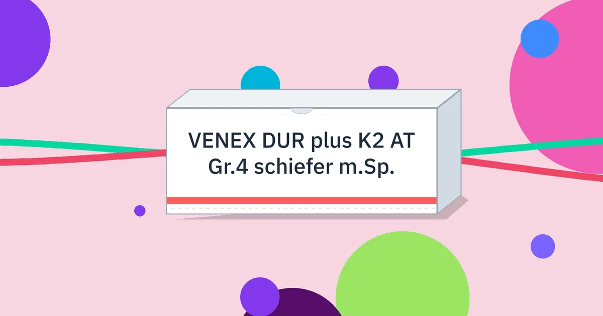 Symbolbild: Packung mit der Aufschrift VENEX DUR plus K2 AT Gr.4 schiefer m.Sp. (PZN 03234419) – Verfügbarkeit und Bezug in Apotheken in Frankfurt am Main
