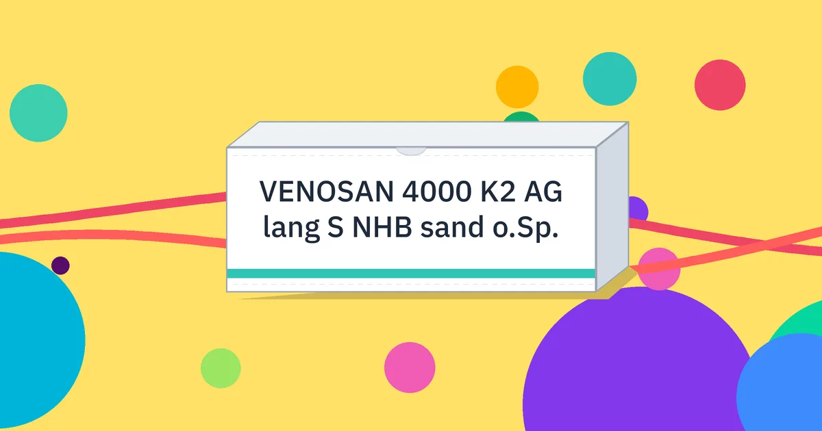 Symbolbild: Packung mit der Aufschrift VENOSAN 4000 K2 AG lang S NHB sand o.Sp. (PZN 14422667) – Verfügbarkeit und Bezug in Apotheken in Frankfurt am Main