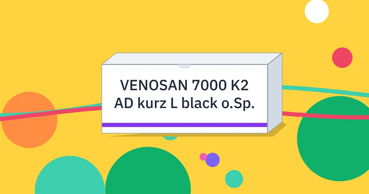 Symbolbild: Packung mit der Aufschrift VENOSAN 7000 K2 AD kurz L black o.Sp. (PZN 14435629) – Verfügbarkeit und Bezug in Apotheken in Frankfurt am Main