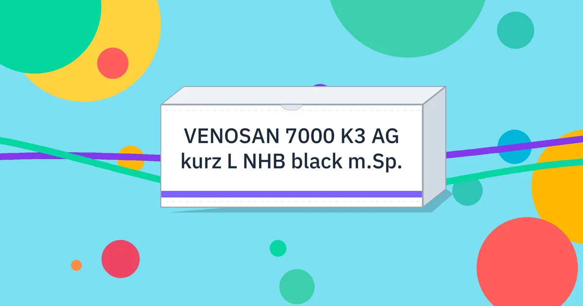 Symbolbild: Packung mit der Aufschrift VENOSAN 7000 K3 AG kurz L NHB black m.Sp. (PZN 14436652) – Verfügbarkeit und Bezug in Apotheken in Frankfurt am Main