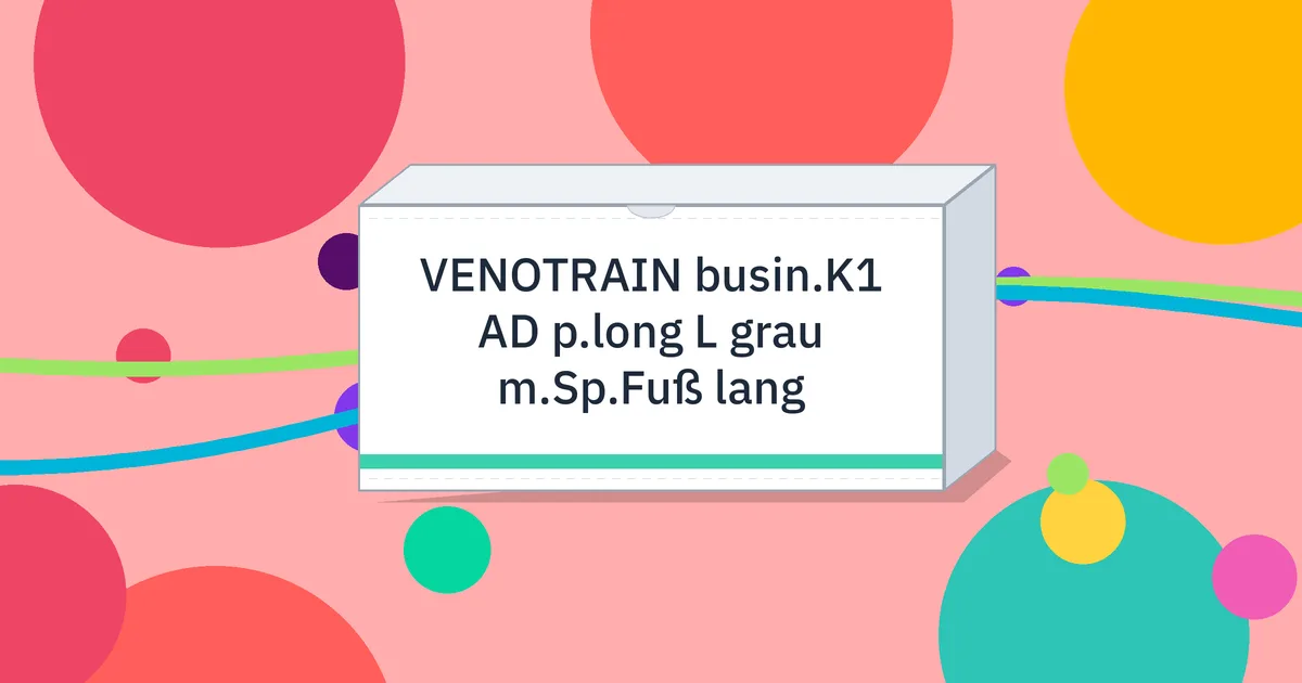 Symbolbild: Packung mit der Aufschrift VENOTRAIN busin.K1 AD p.long L grau m.Sp.Fuß lang (PZN 19056552) – Verfügbarkeit und Bezug in Apotheken in Frankfurt am Main