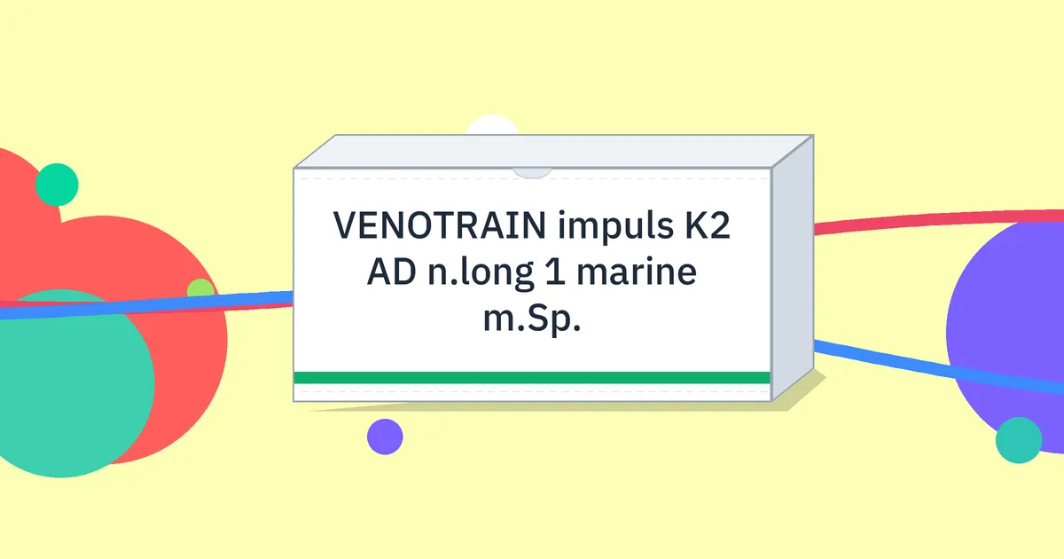 Symbolbild: Packung mit der Aufschrift VENOTRAIN impuls K2 AD n.long 1 marine m.Sp. (PZN 15221103) – Verfügbarkeit und Bezug in Apotheken in Frankfurt am Main