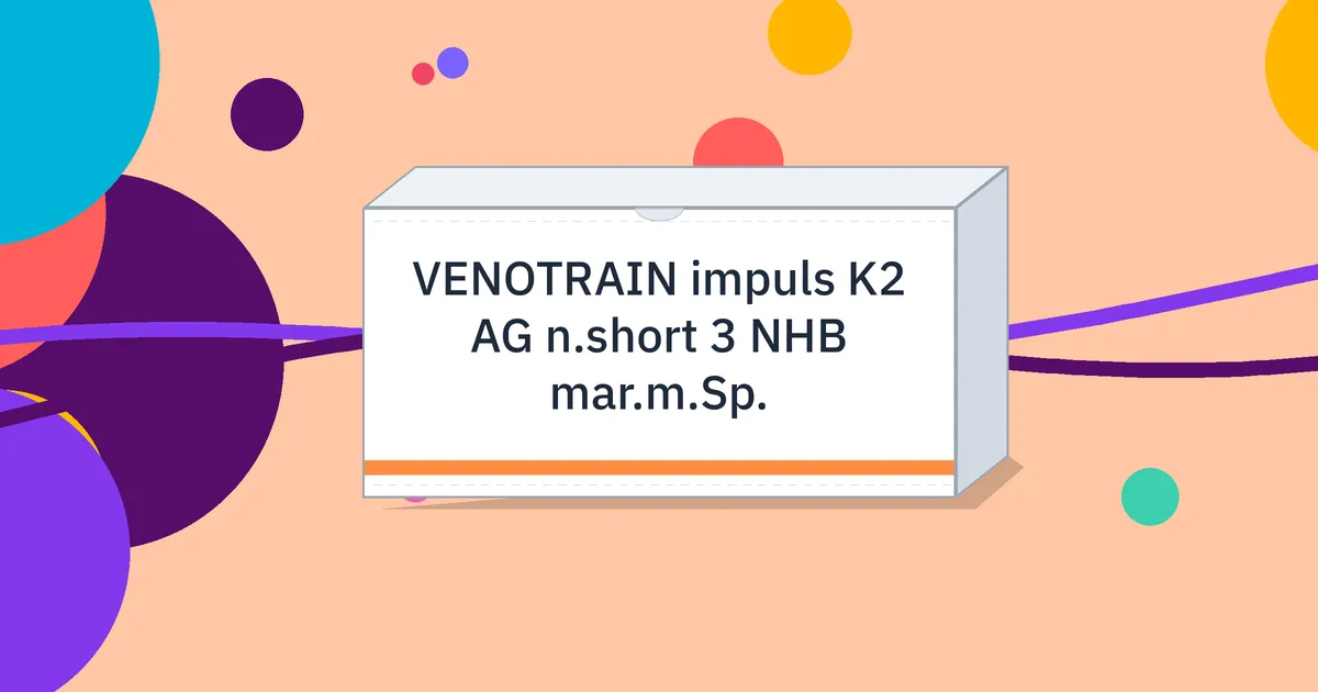 Symbolbild: Packung mit der Aufschrift VENOTRAIN impuls K2 AG n.short 3 NHB mar.m.Sp. (PZN 15214014) – Verfügbarkeit und Bezug in Apotheken in Frankfurt am Main