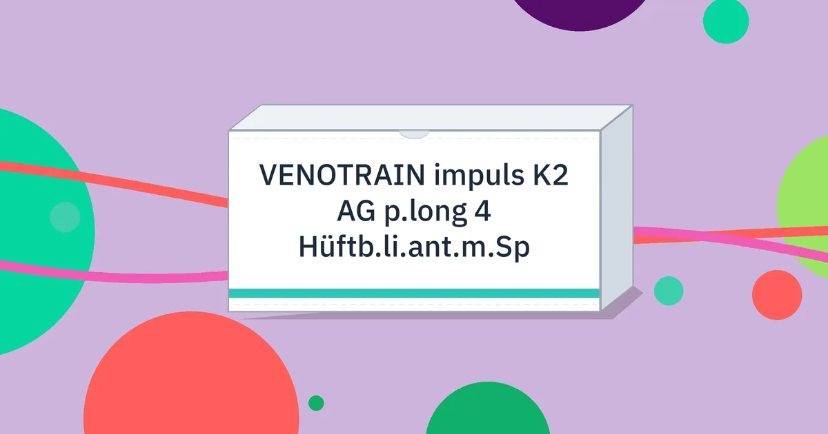 Symbolbild: Packung mit der Aufschrift VENOTRAIN impuls K2 AG p.long 4 Hüftb.li.ant.m.Sp (PZN 15219543) – Verfügbarkeit und Bezug in Apotheken in Frankfurt am Main